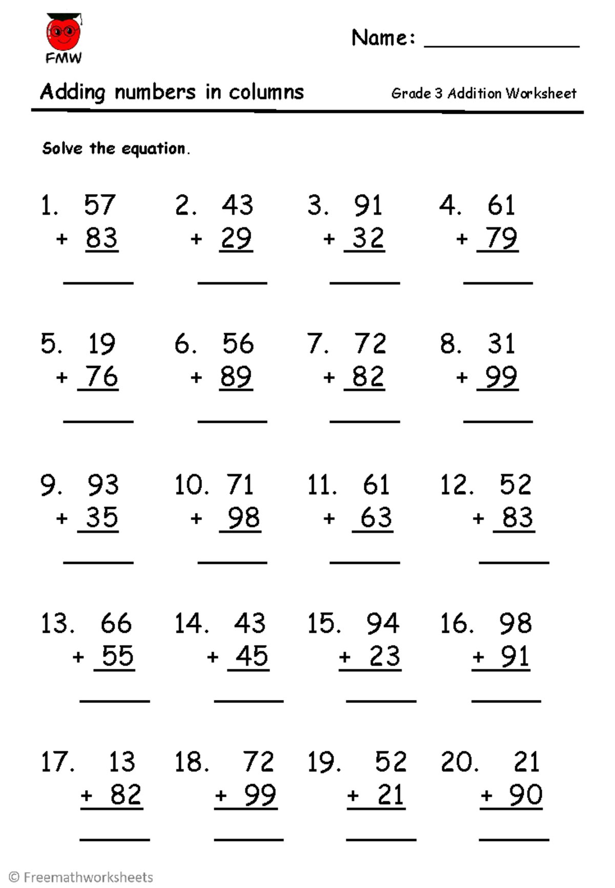 Grade 3 Addition Worksheet: Column Addition Practice 5 - Studocu