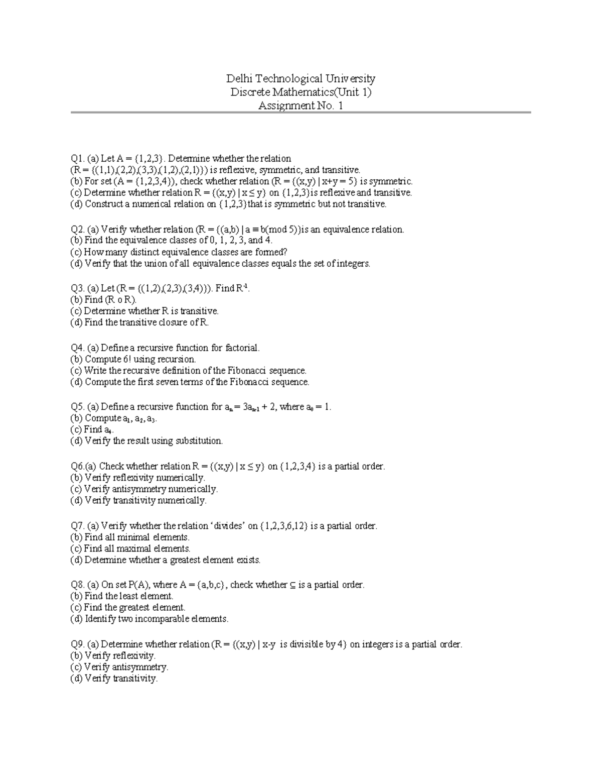 DTU Discrete Mathematics (Unit 1) Assignment No. 1: Relations & Hasse ...
