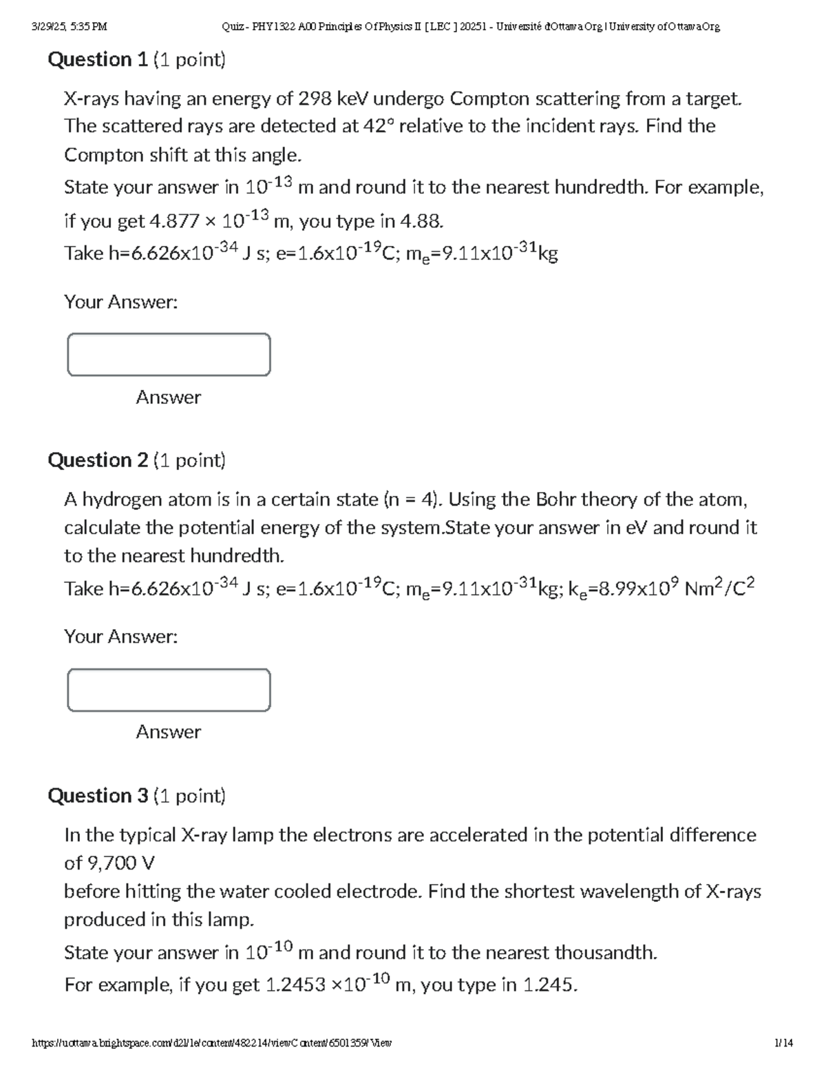 Quiz PHY1322 A00: Principles of Physics II - Assignment 6 Questions ...