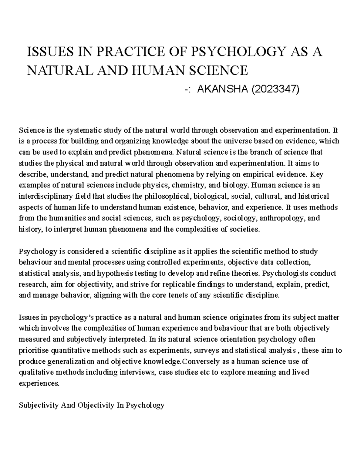 ISSUES IN PSYCHOLOGY AS NATURAL & HUMAN SCIENCE (2023347) - Studocu
