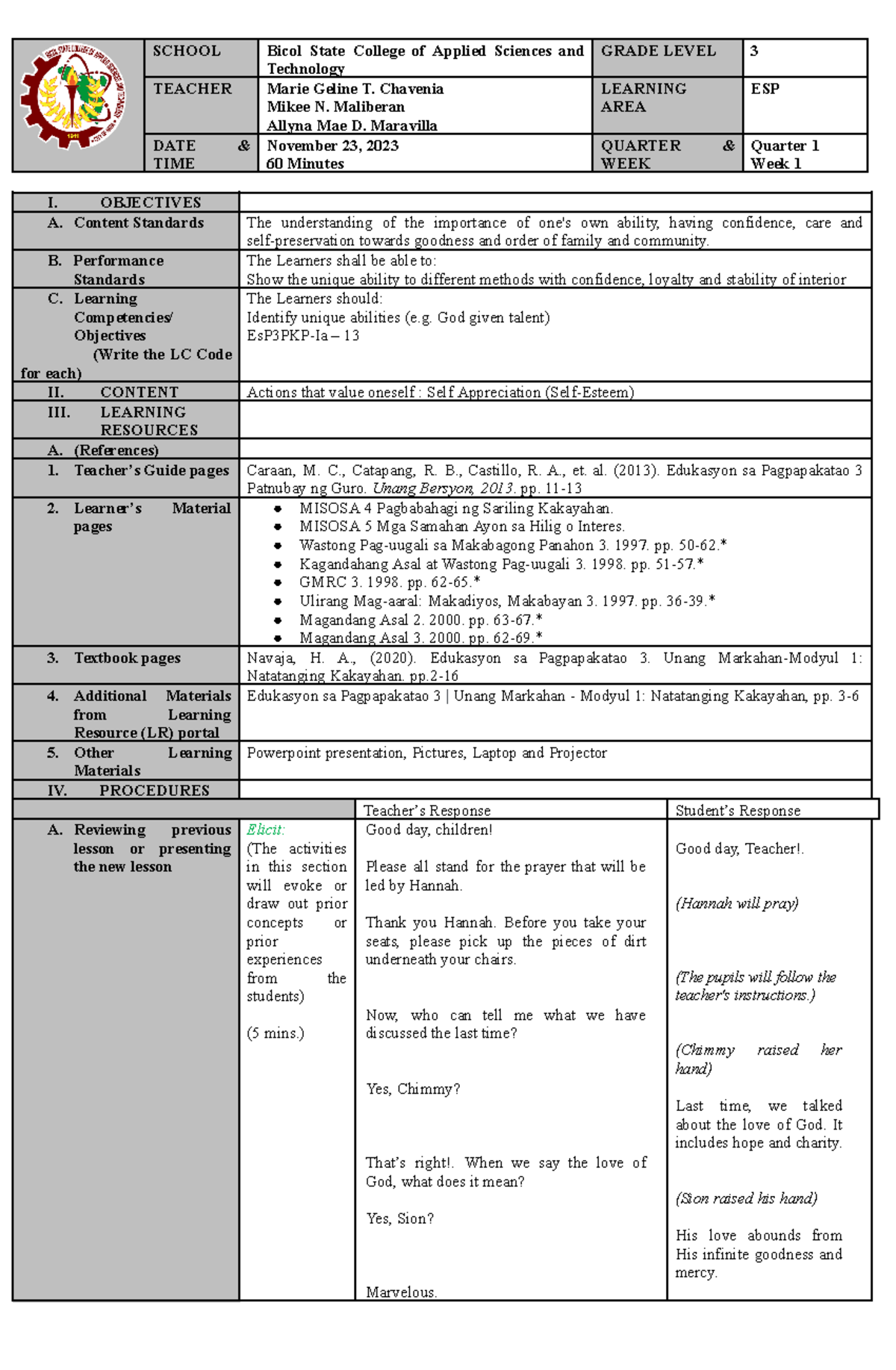 Detailed Lesson Plan (DLP) on Valuing Unique Abilities - Grade 3 - Studocu
