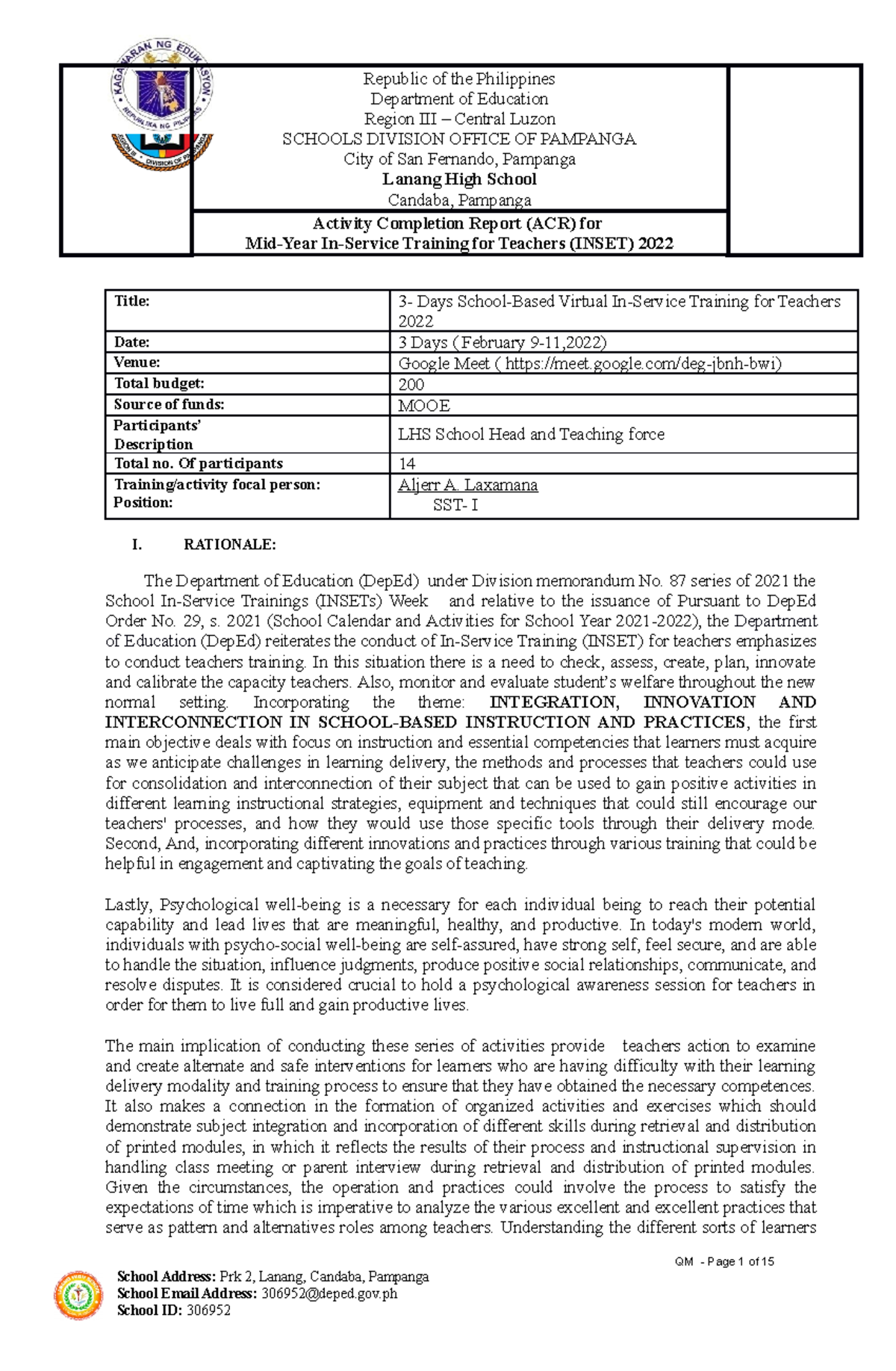Activity Completion Report (ACR) for INSET 2022: 3-Day Teacher Training ...