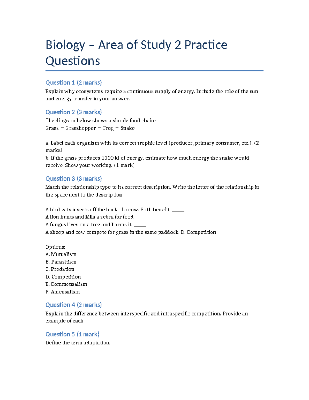 Biology AOS 2 Practice Questions and Energy Concepts - Studocu