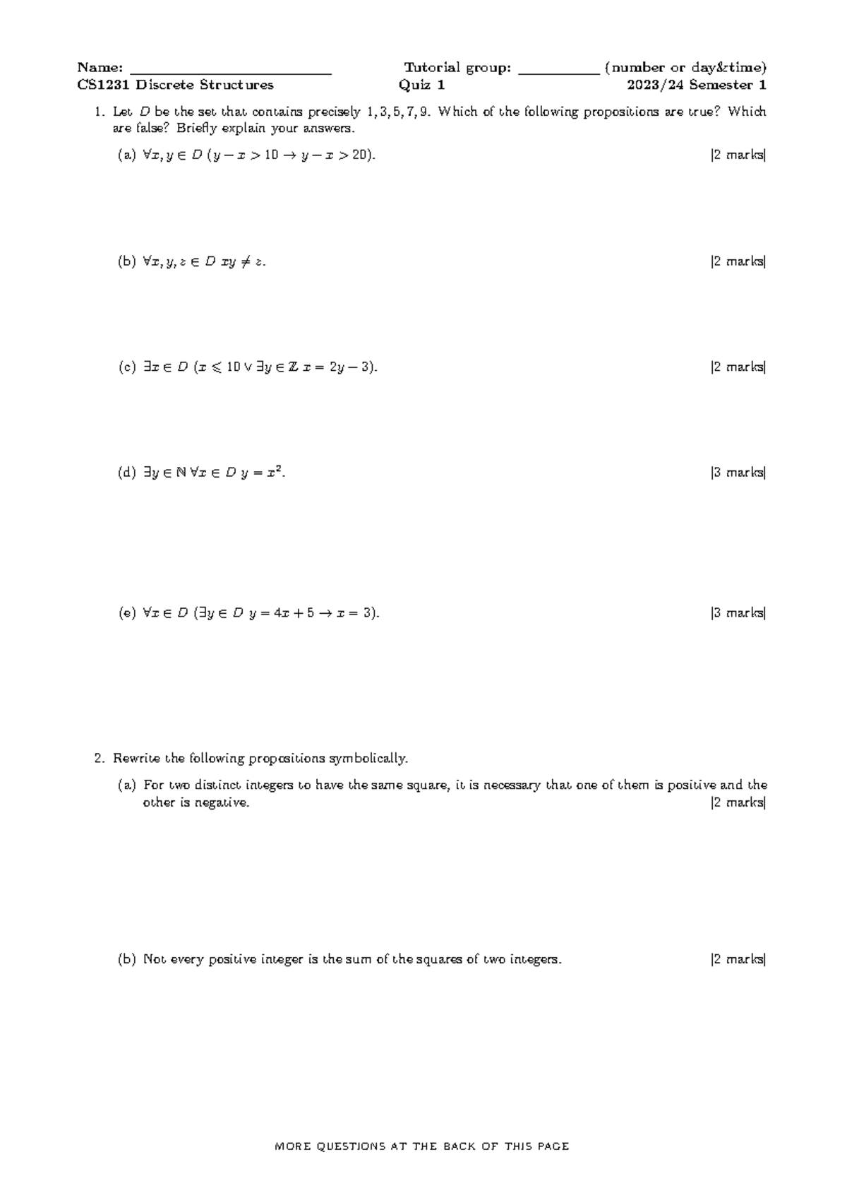 CS1231 Discrete Structures Quiz 1 Practice Questions and Answers - Studocu