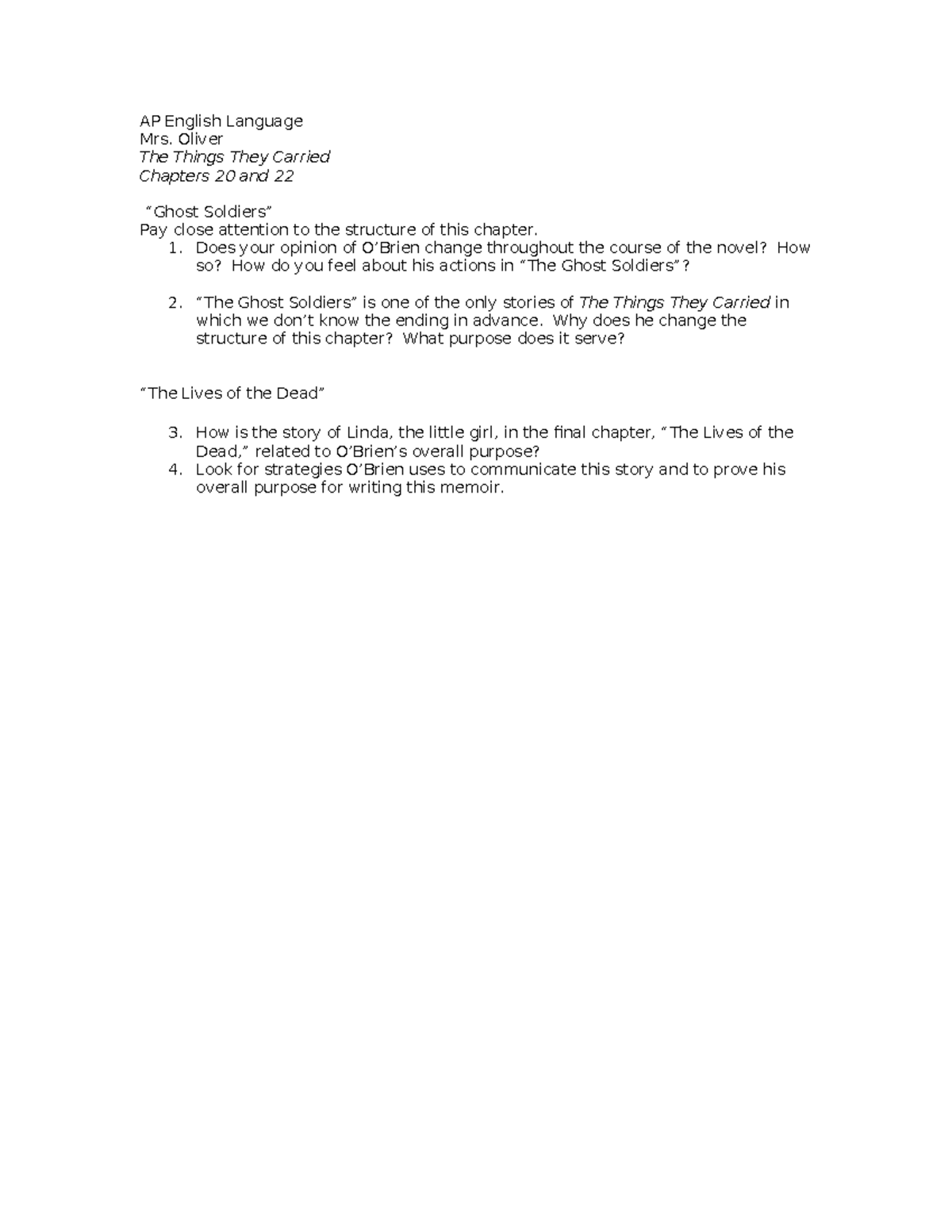 AP English Language: Notes on The Things They Carried Ch. 20 & 22 - Studocu
