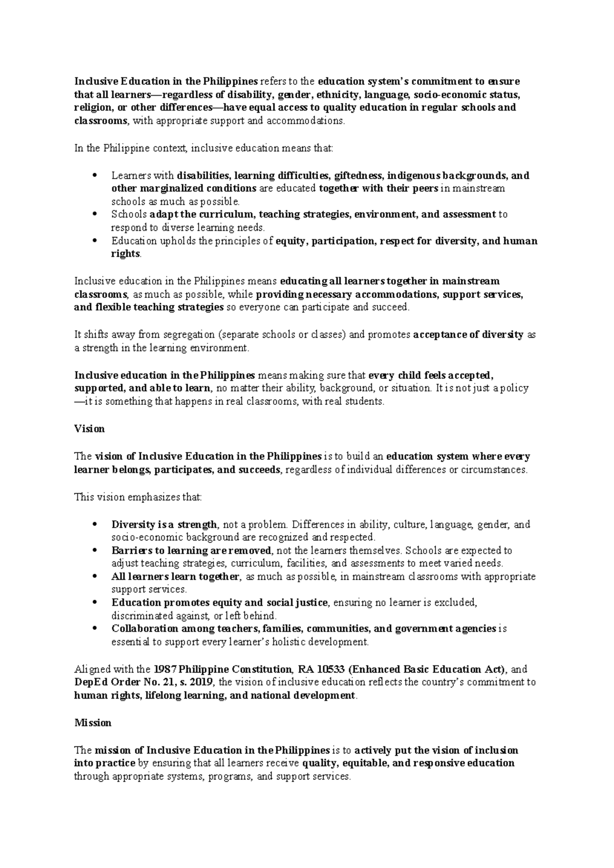 Inclusive Education in the Philippines: A Comprehensive Report - Studocu
