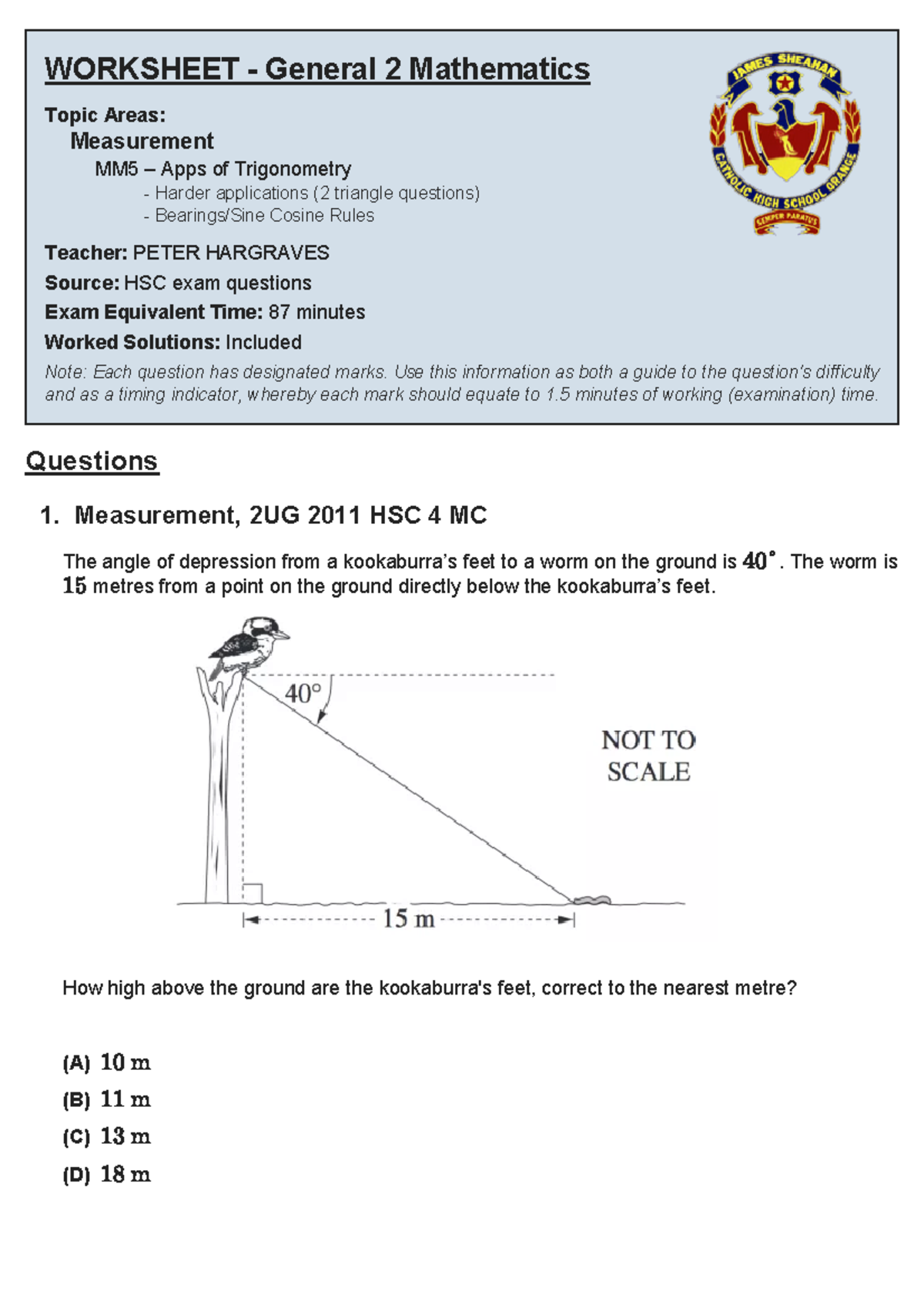 MM5 Year 12 Maths Trigonometry Worksheet: Measurement & Cosine Rules ...
