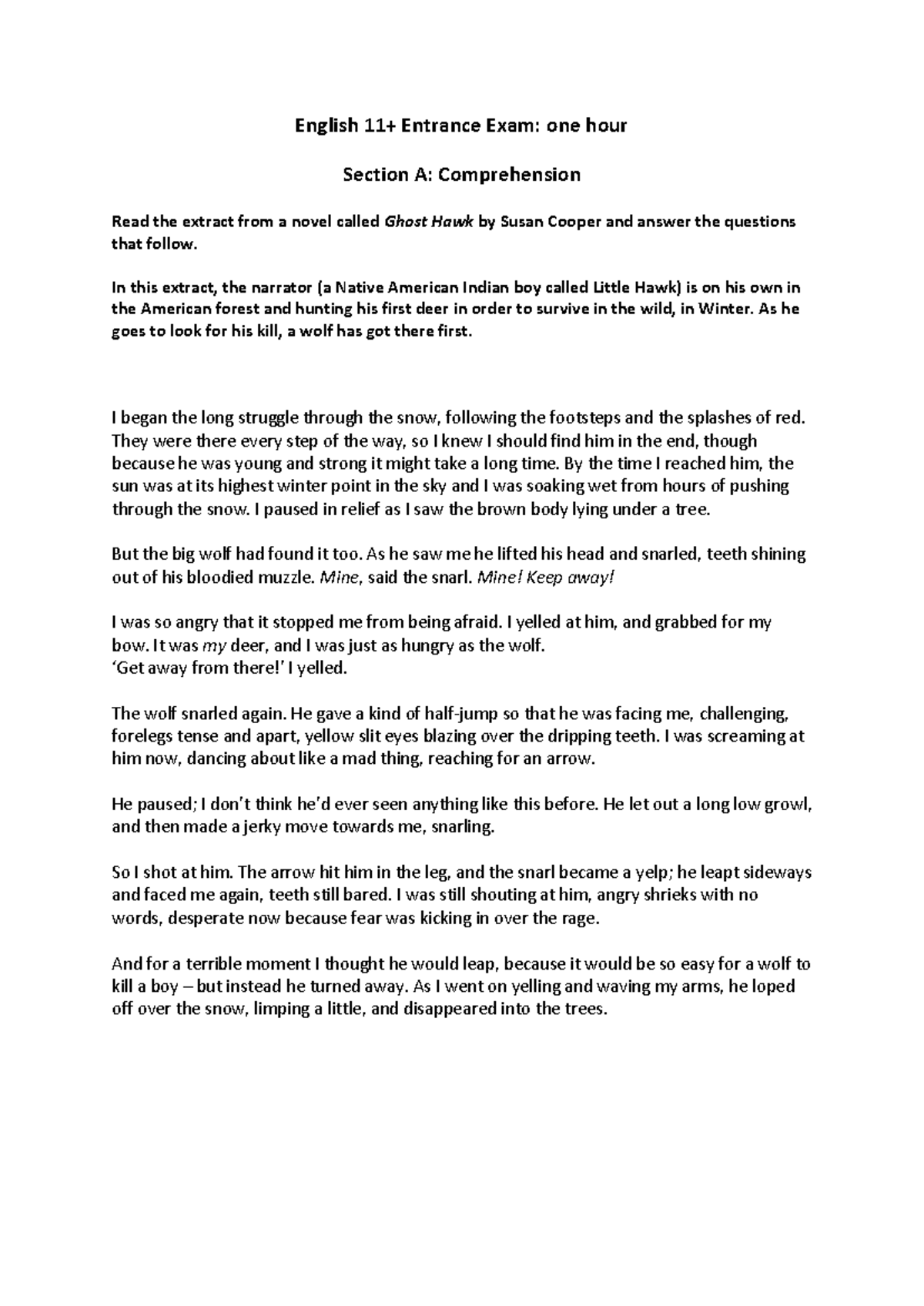 Year 7 English Specimen Paper: Comprehension on Ghost Hawk Extract ...