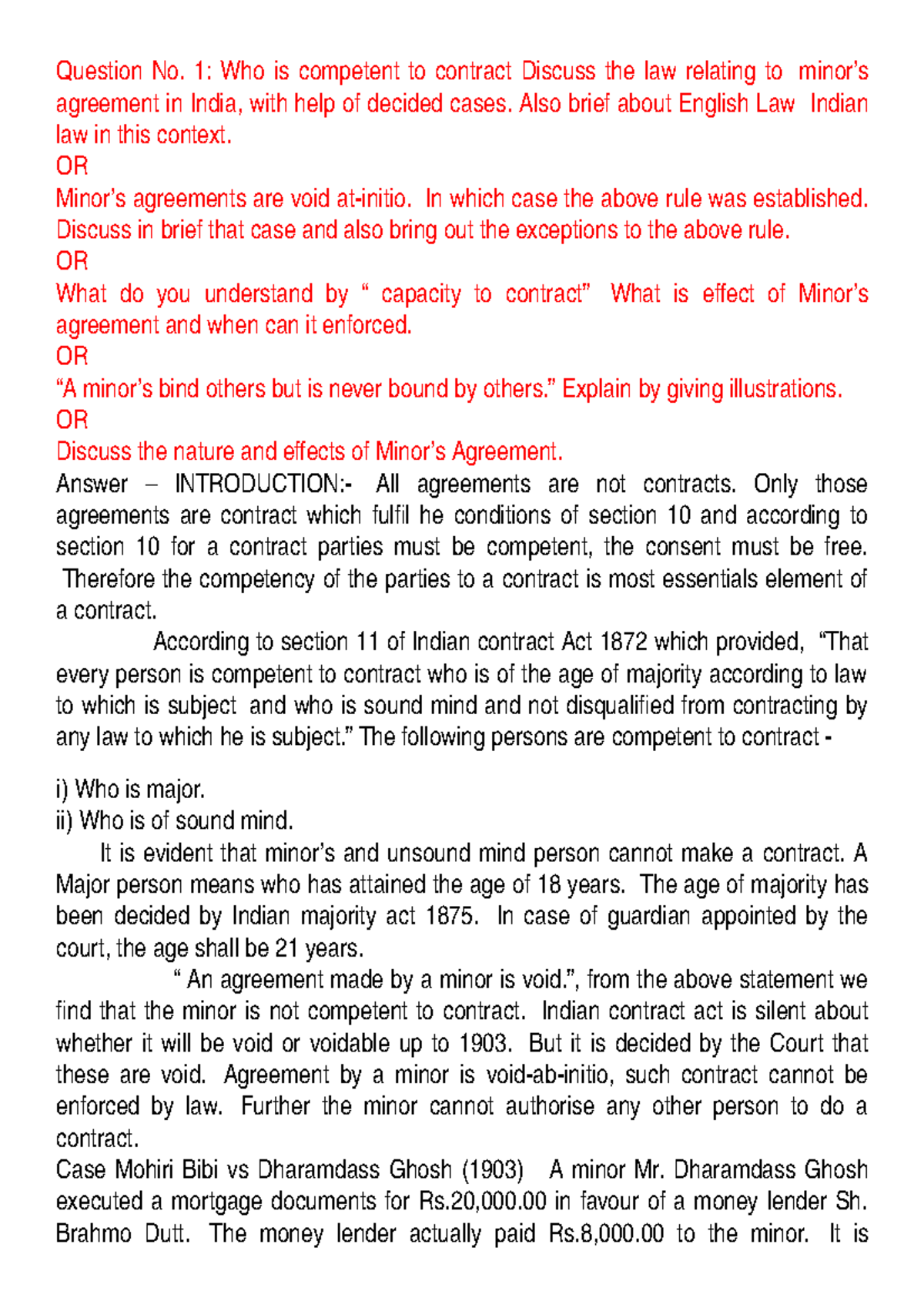 Contract Law Notes: Minor's Agreements and Capacity to Contract - Studocu