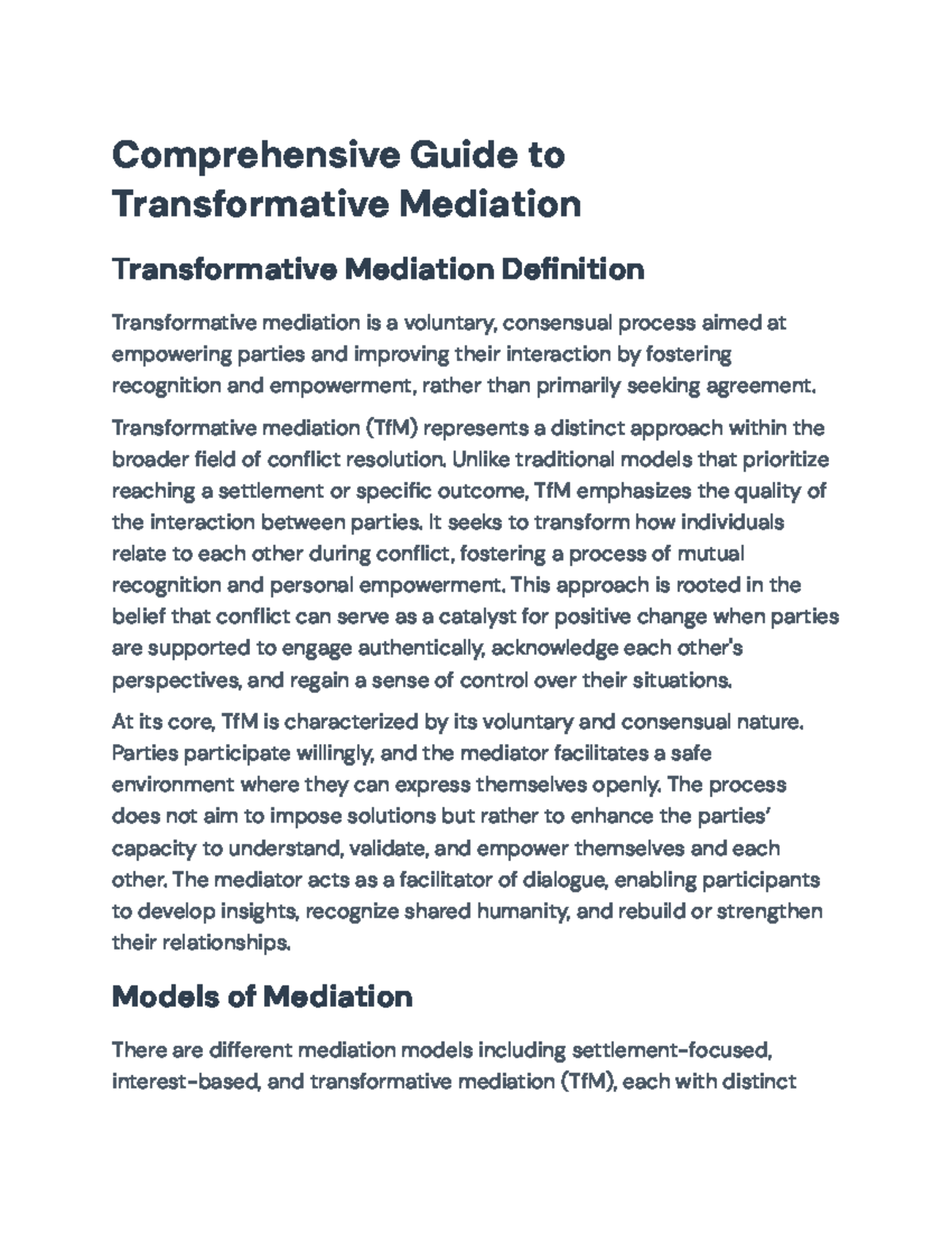 Comprehensive Guide to Transformative Mediation (TfM) Techniques - Studocu