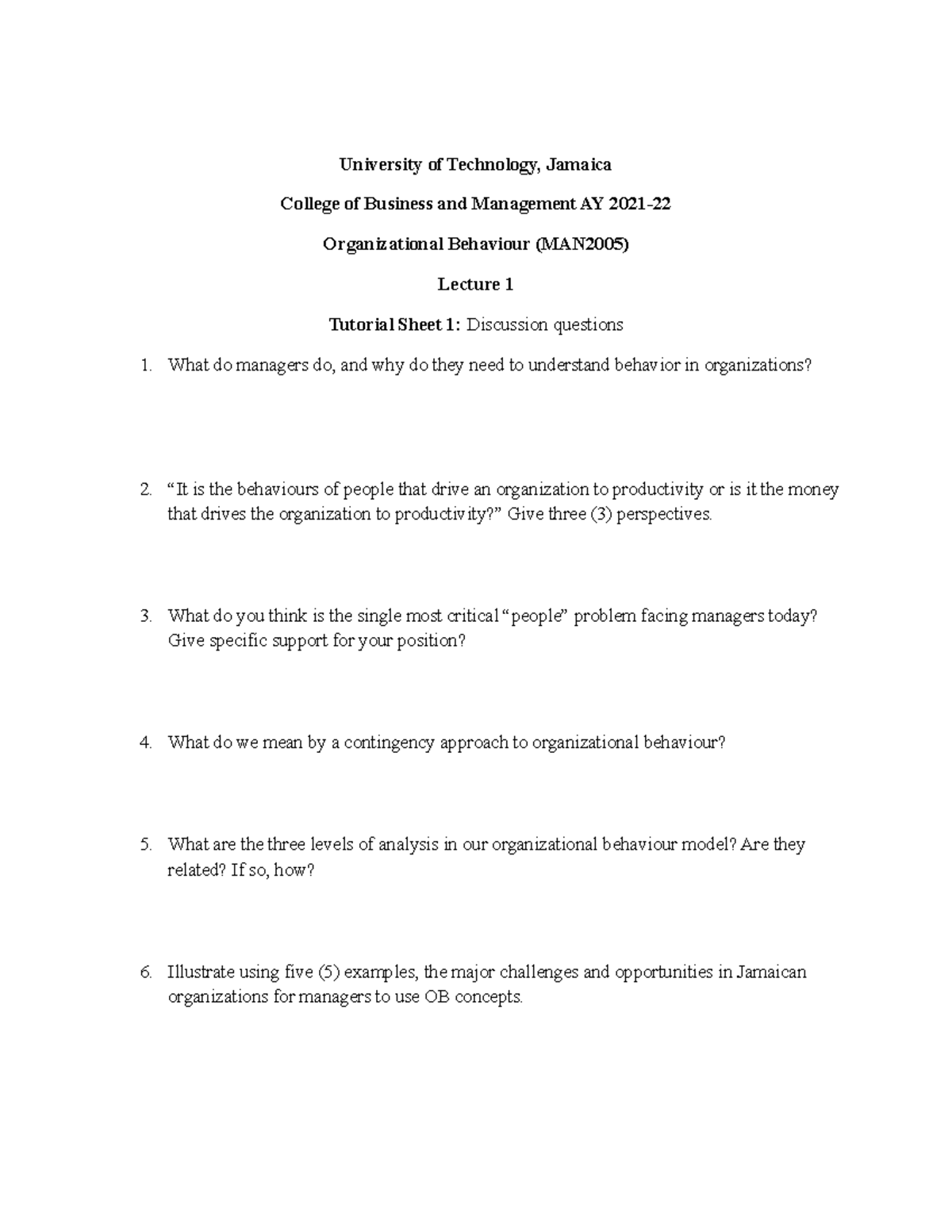 MAN2005 Organizational Behaviour Lecture 1 - Tutorial Sheet 1 Questions - Studocu