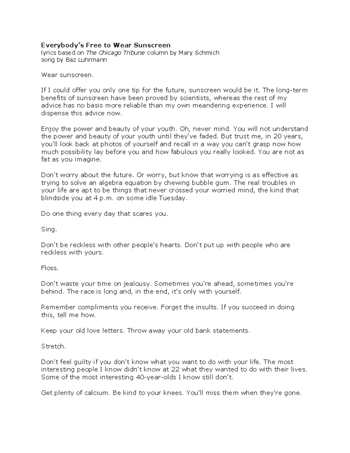 Sunscreen Advice: Insights from Baz Luhrmann's Lyrics Analysis - Studocu