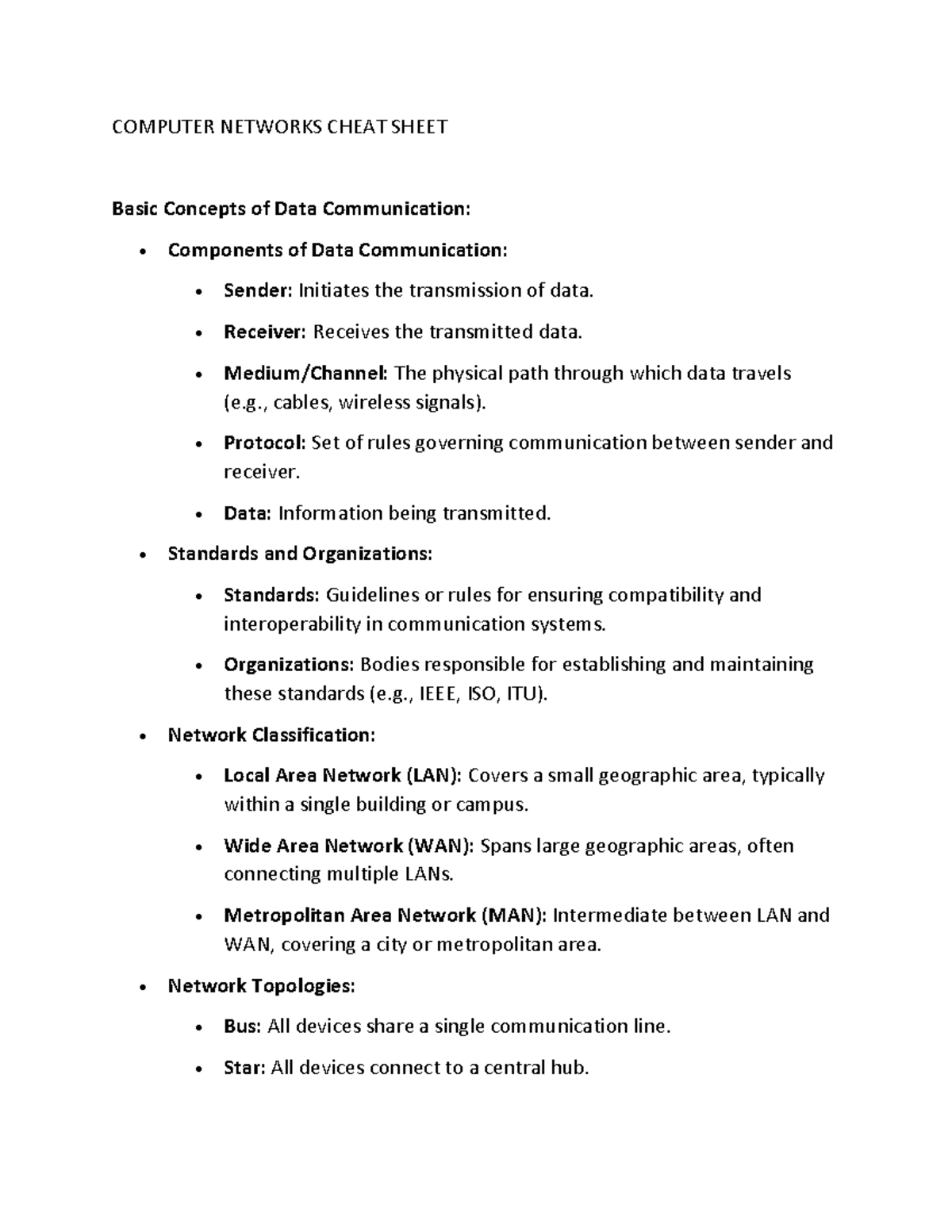 Computer Networks Cheat Sheet for Quick Reference (CSN101) - Studocu