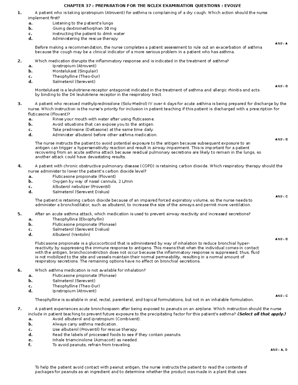 NCLEX Examination Practice Quiz: Asthma & COPD Insights (Ch 37) - Studocu