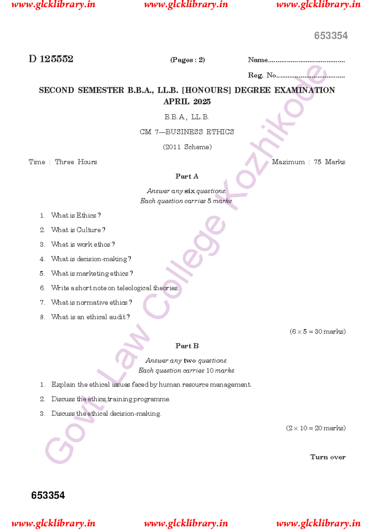 B.B.A., LL.B. 653354 - Business Ethics Second Sem Exam PYQ 2025 - Studocu