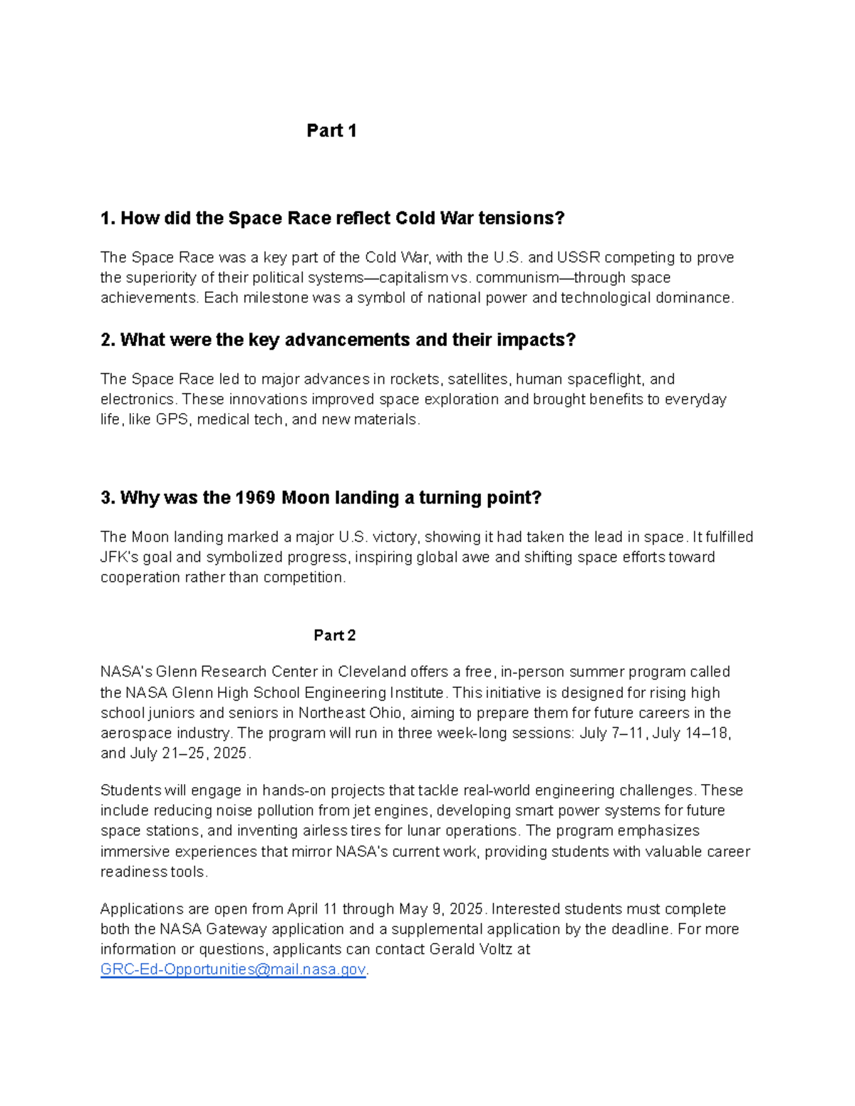 The Space Race and NASA Glenn High School Engineering Institute ...