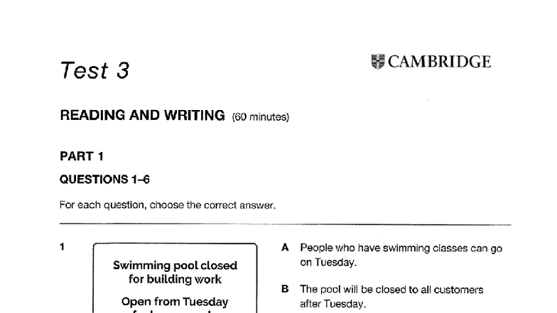 Test 3 KET1: Reading and Writing Practice Questions - Studocu