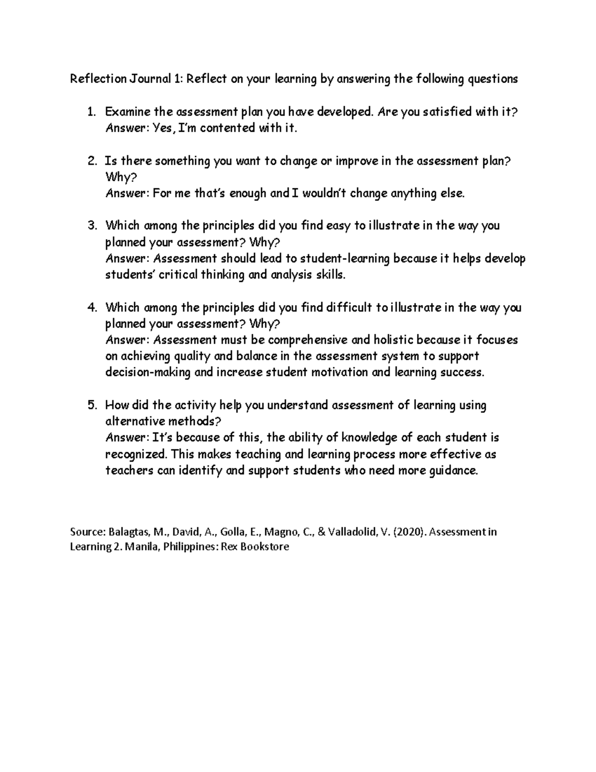 Reflection Journal 1: Insights on Assessment in Learning 2 - Studocu