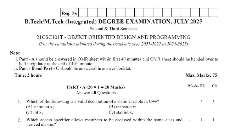 21CSC101T Object Oriented Design & Programming Exam - July 2025 - Studocu