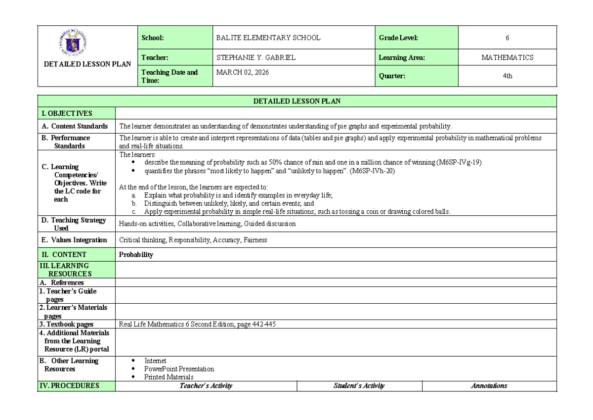 Detailed Lesson Plan: Mathematics 6 - 4th Quarter on Probability - Studocu