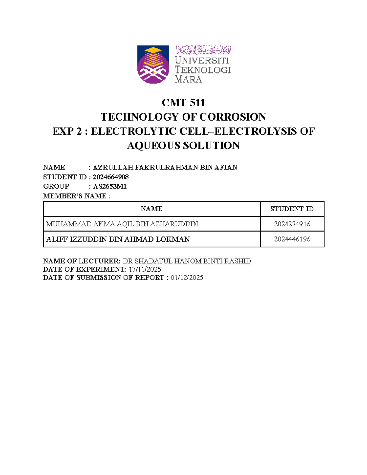 CMT 511 EXP 2: Electrolysis of Aqueous Solutions and Reactions - Studocu