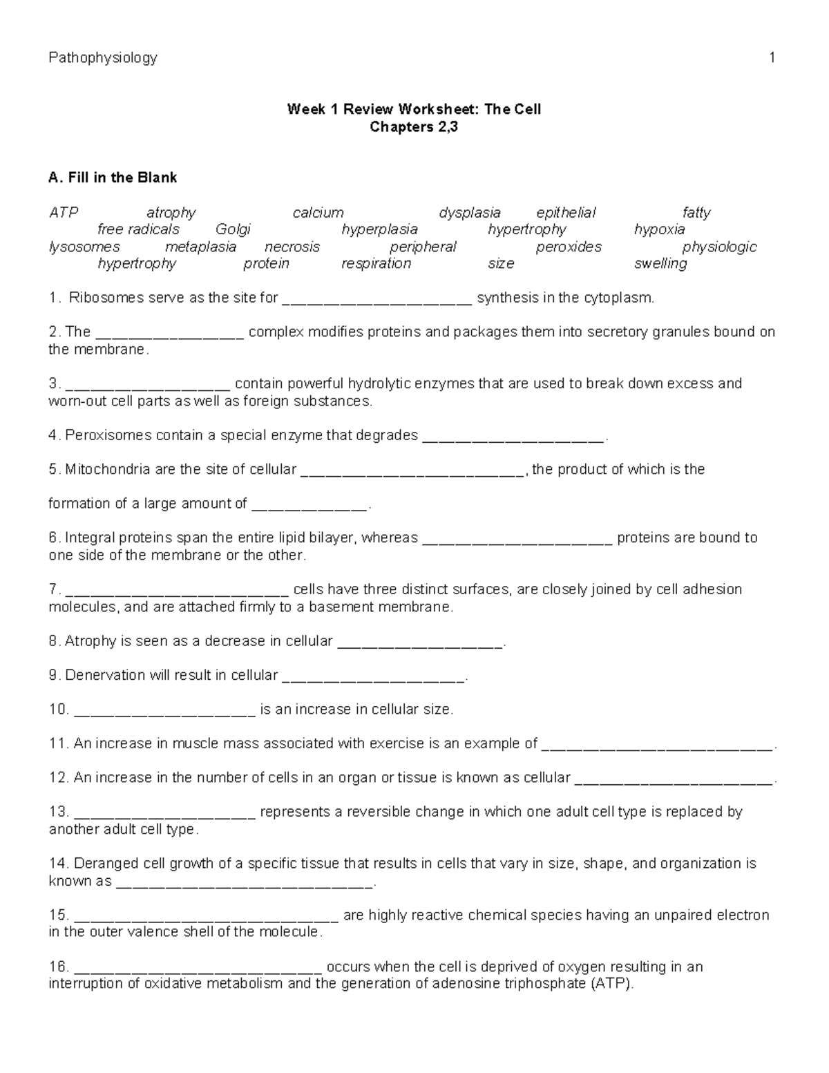 Pathophysiology 1 Week 1 Review Worksheet: Cell Chapters 2 & 3 - Studocu