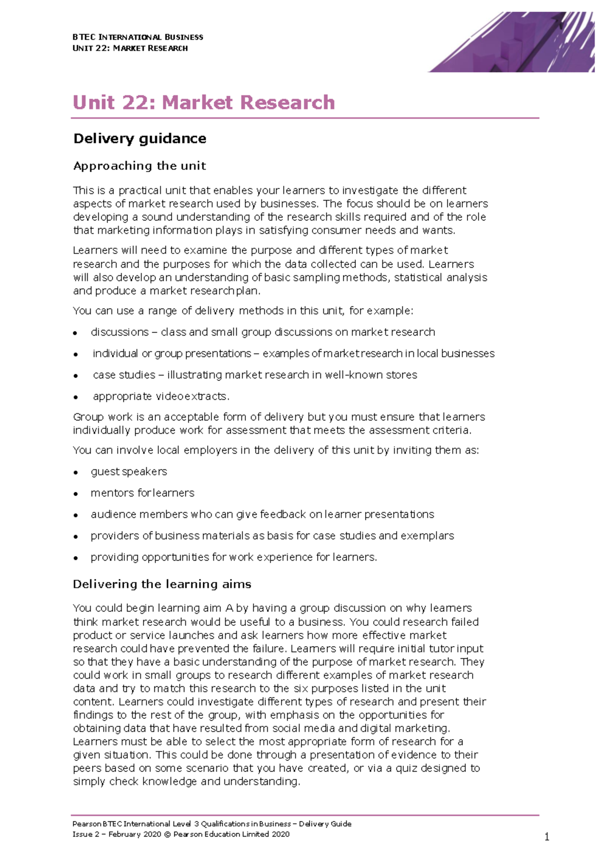 BTEC L3 INT Business Unit 22: Market Research Delivery Guide - Studocu