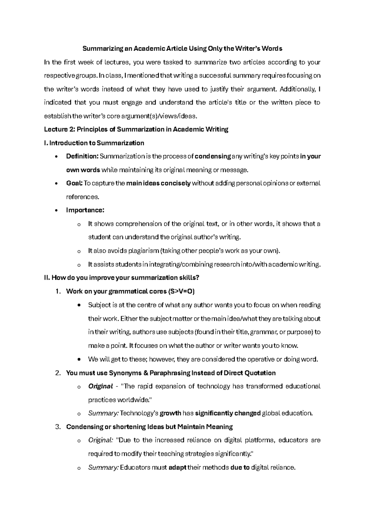 Academic Literacy: Summarization Techniques in Writing (Lecture 2 ...