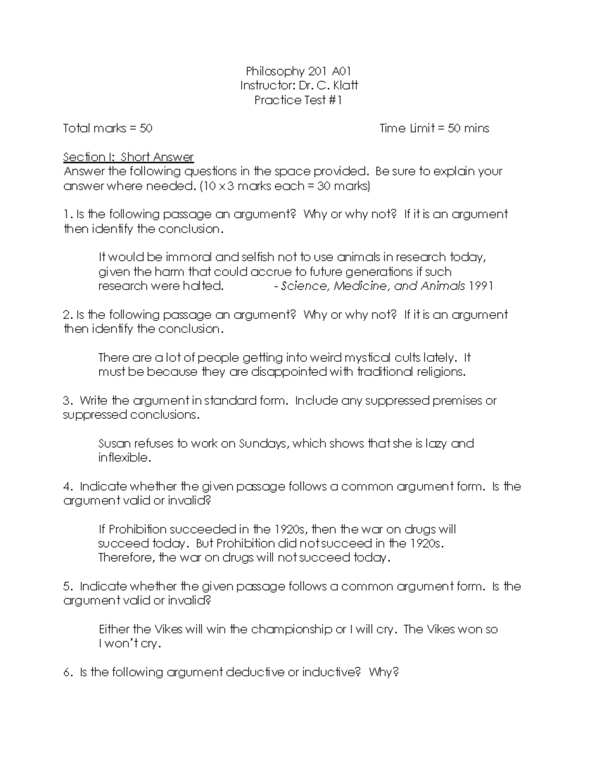 Philosophy 201 A01 - Practice Test #1 - Studocu