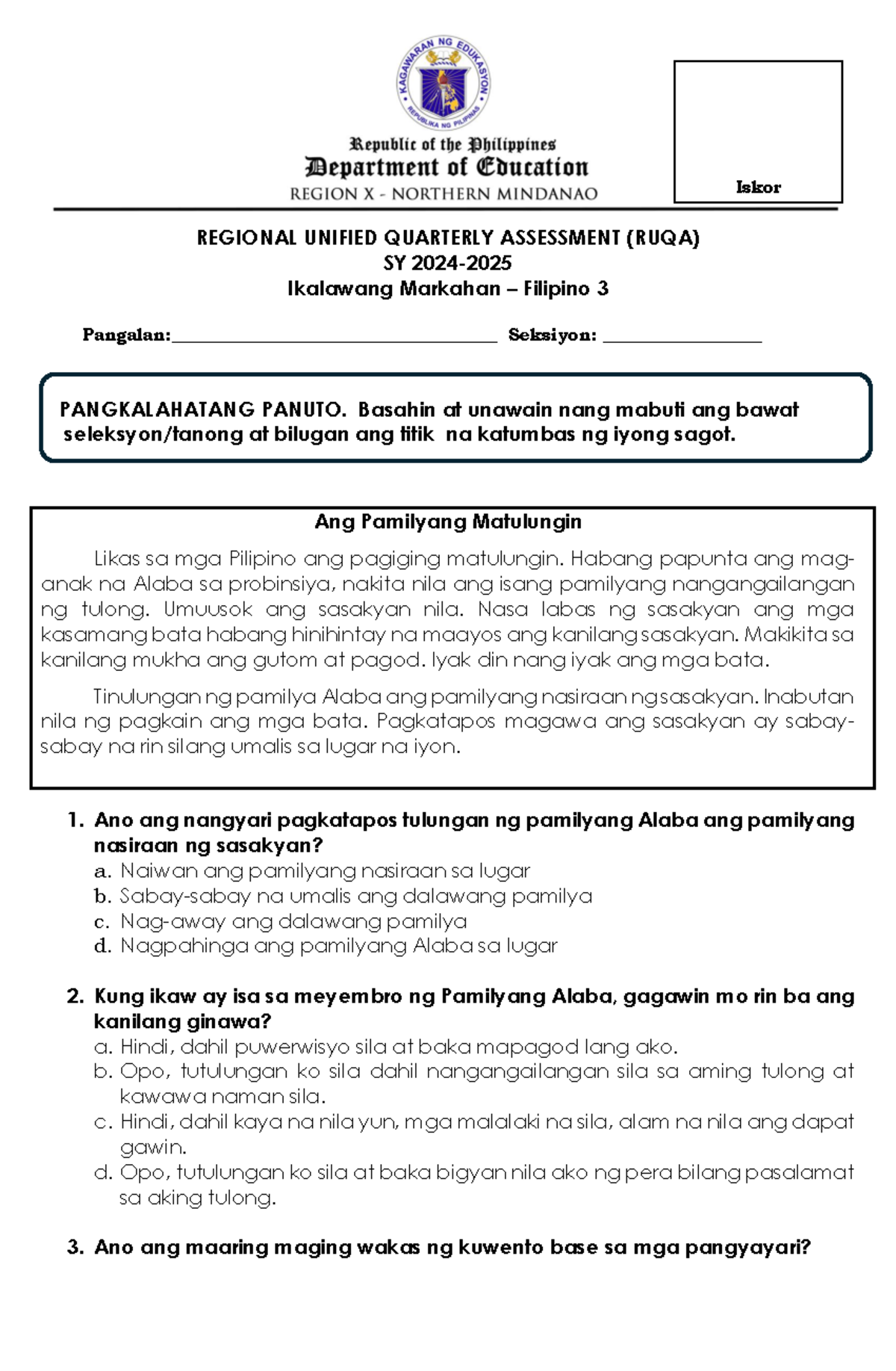 Filipino 3 Quarter 2 RUQA - REGIONAL UNIFIED QUARTERLY ASSESSMENT (RUQA ...