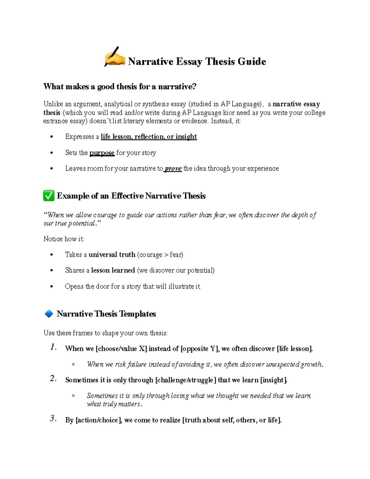 AP Language Narrative Essay Thesis Statement Guide - Studocu