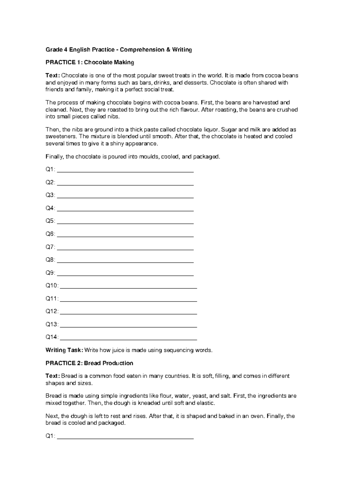 Grade 4 English Comprehension Practice: Chocolate & Bread Making - Studocu