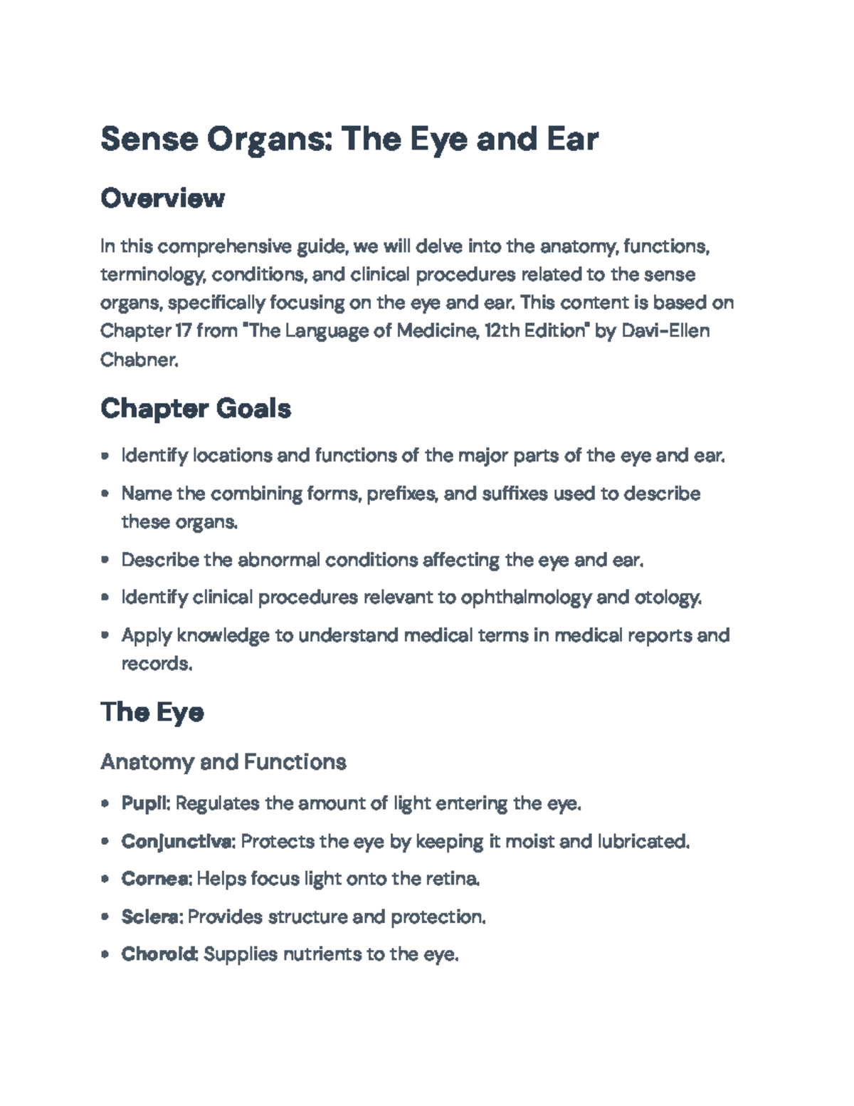 Comprehensive Overview of Eye & Ear Anatomy: Ch 17 Review - Studocu