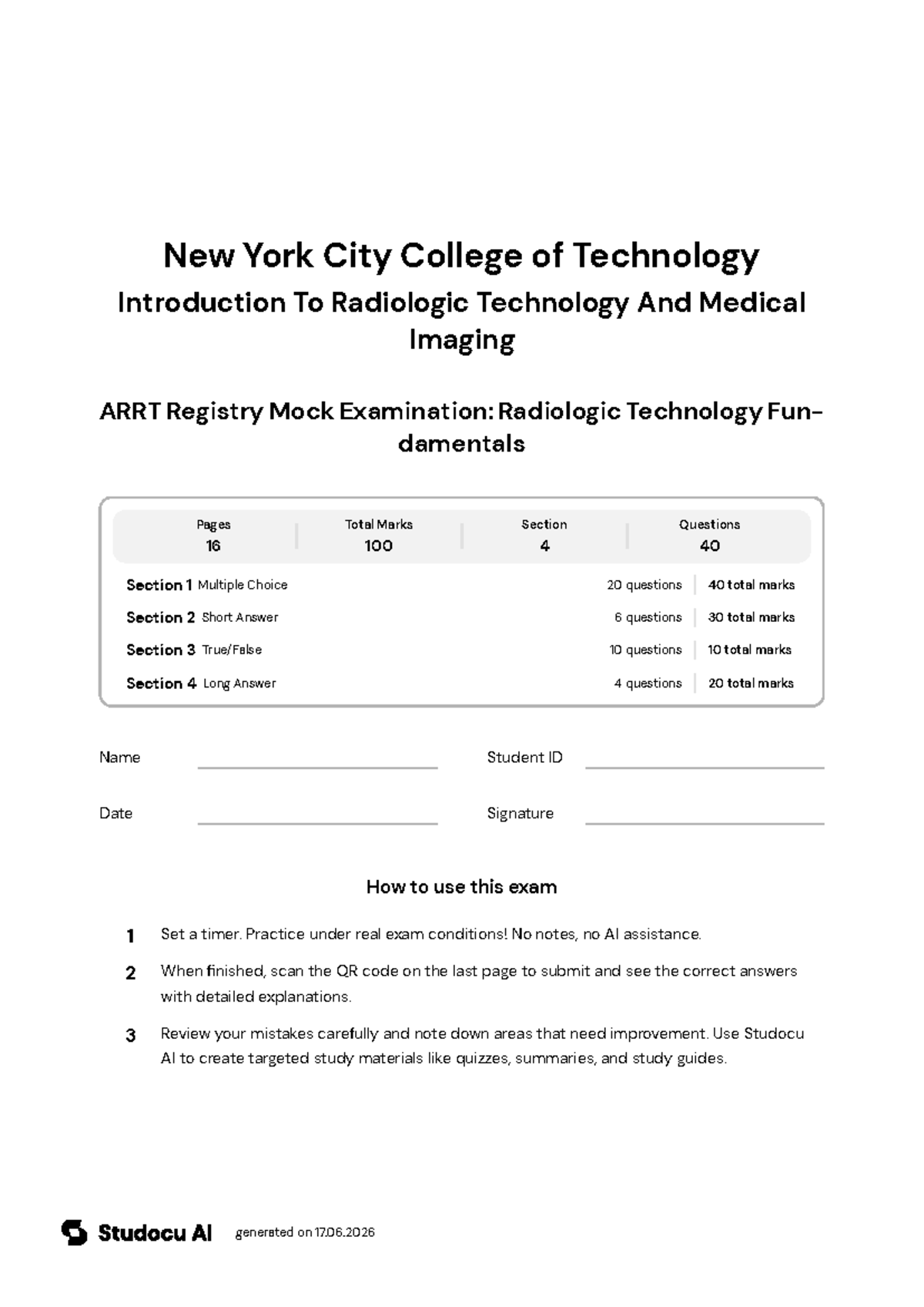 ARRT Registry Mock Exam: Radiologic Tech Fundamentals - Studocu