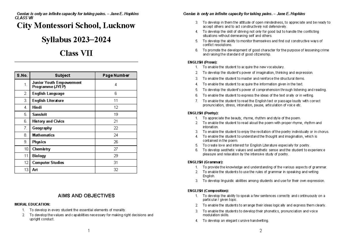 Class VII Syllabus Overview for 2023-2024 at City Montessori School ...