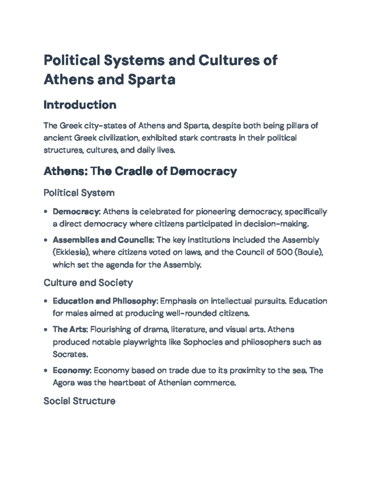 Political Systems and Cultures: Athens vs. Sparta Analysis (HIST 101 ...