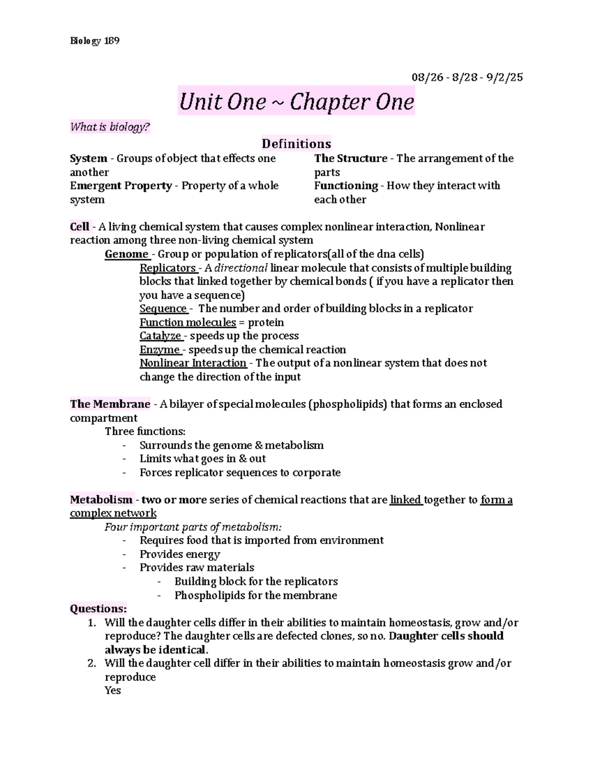 BIOL 189 Lecture Notes: Chapters 1-6 Overview of Biology Concepts - Studocu