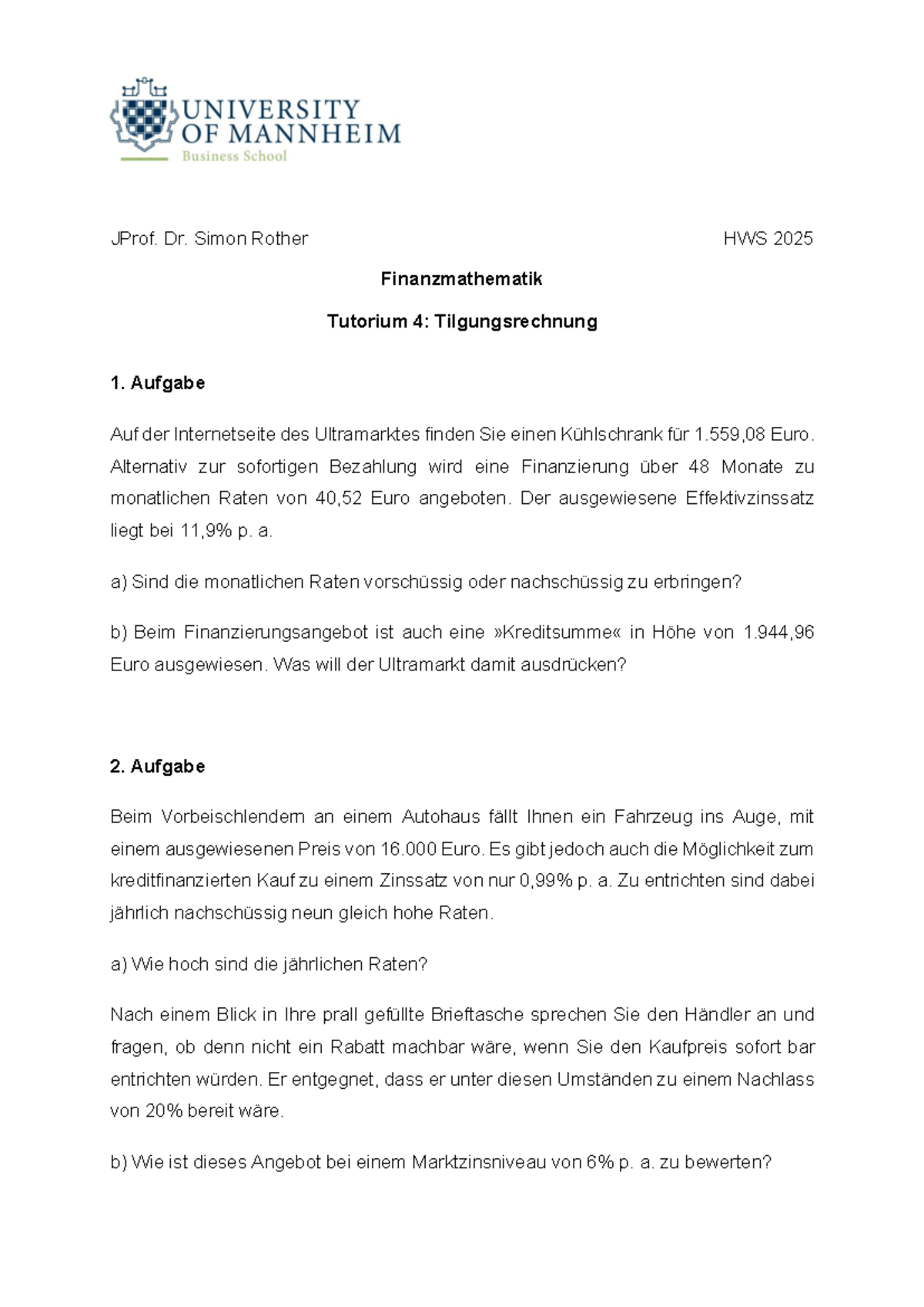 Tutorium 4: Tilgungsrechnung in Finanzmathematik HWS 2025 - Studocu