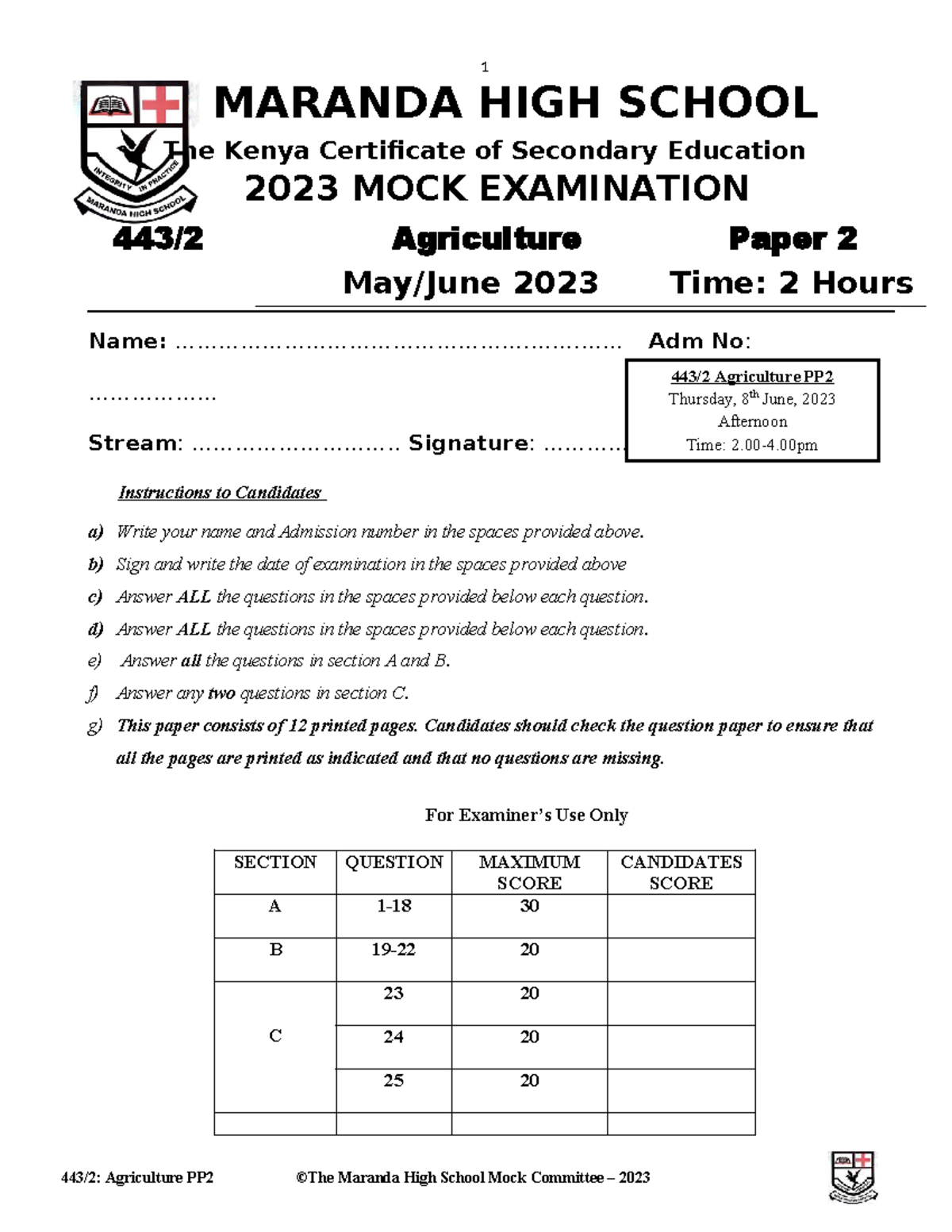 Maranda High School Agriculture 2023 Mock Exam Paper 2 Questions - Studocu