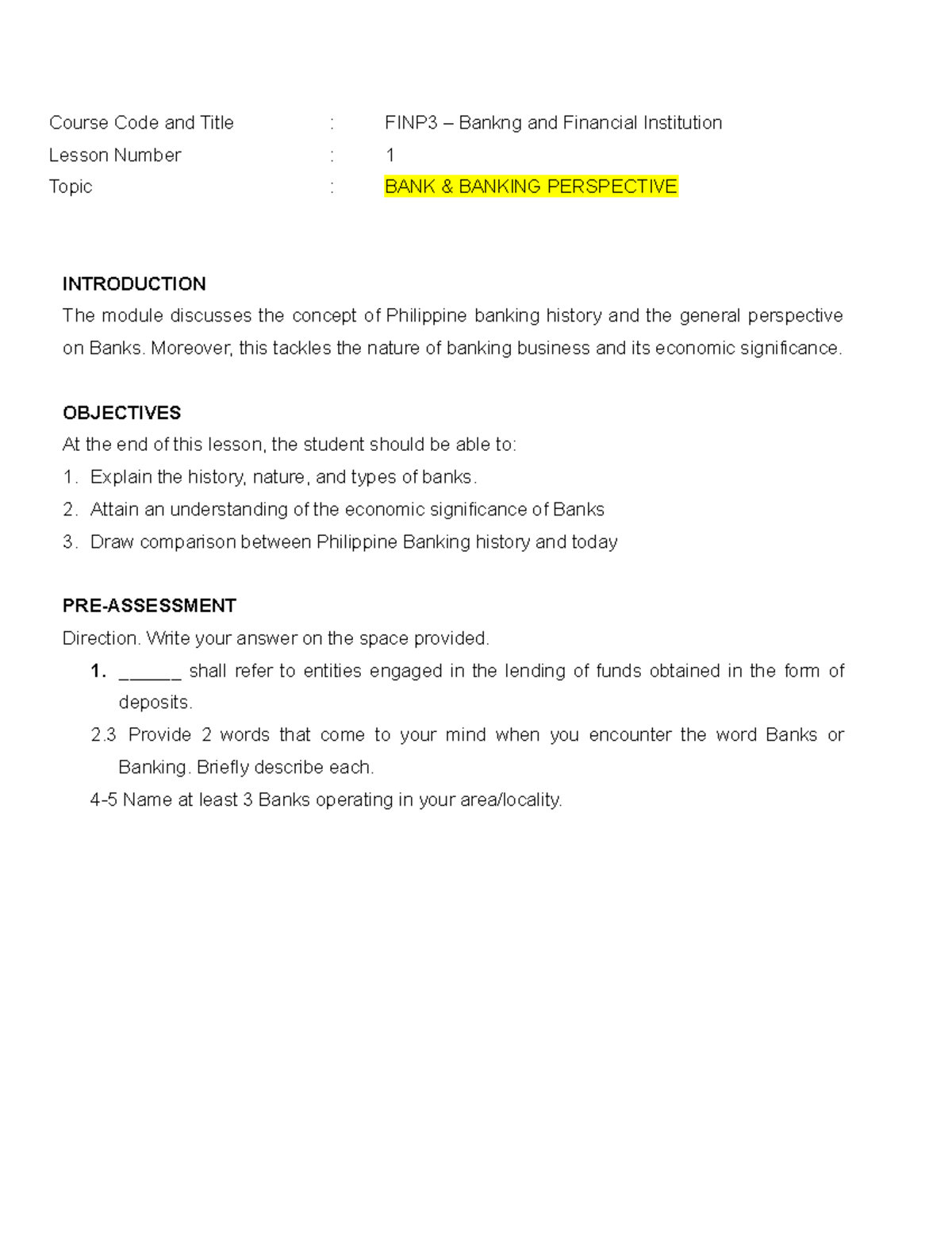 FINP3 - Lessons on Banking & Financial Institutions: Overview of Banks ...