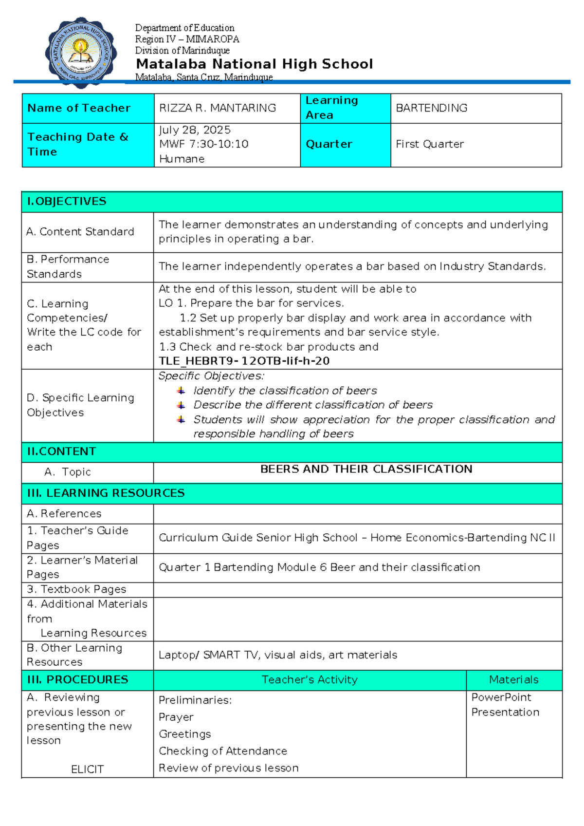 BEER CLASSIFICATION MODULE NC II - BARTENDING QUARTER 1 - Studocu