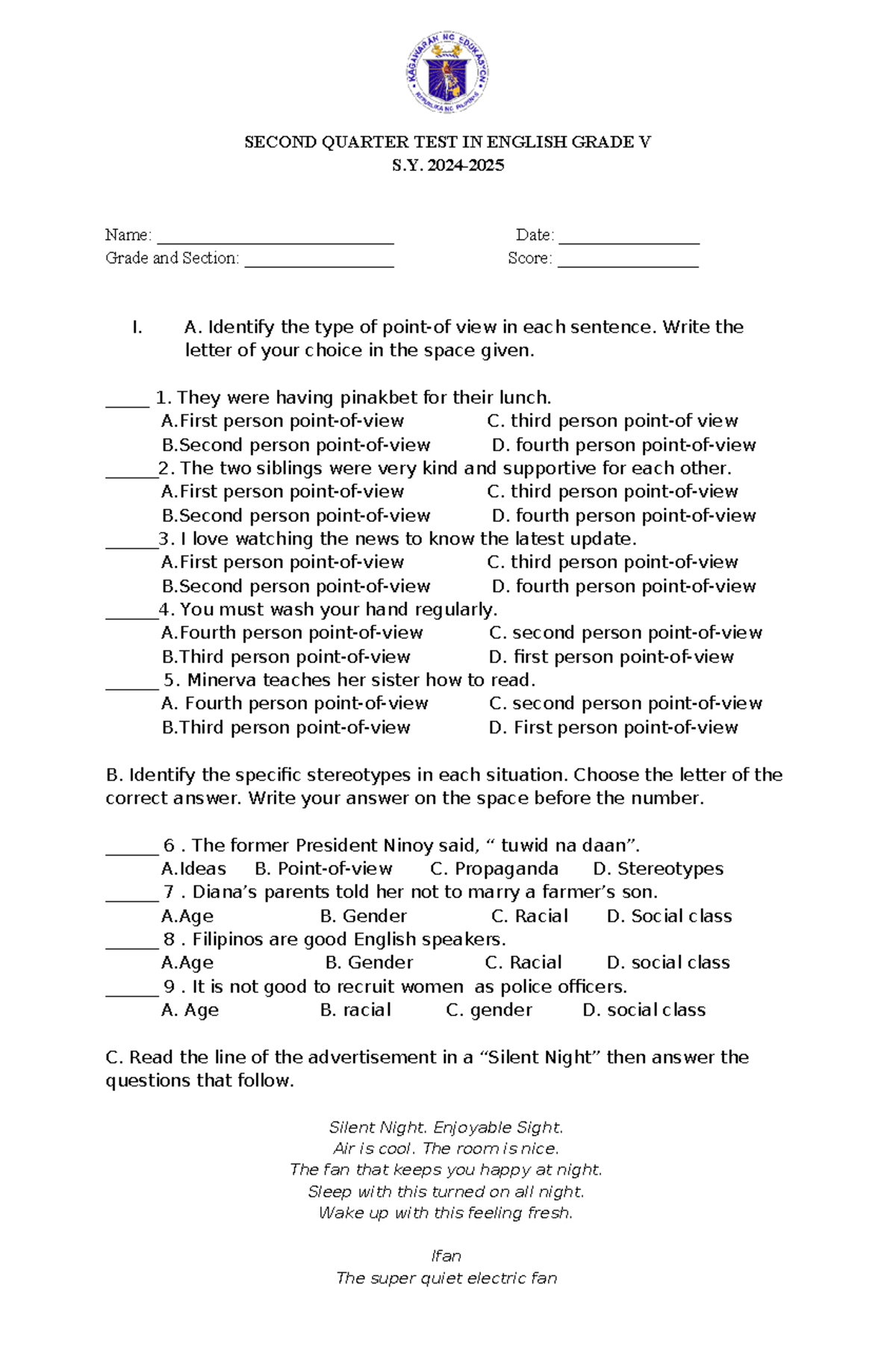 Second Quarter Test In English Grade V SY 2024-2025 - SECOND QUARTER ...