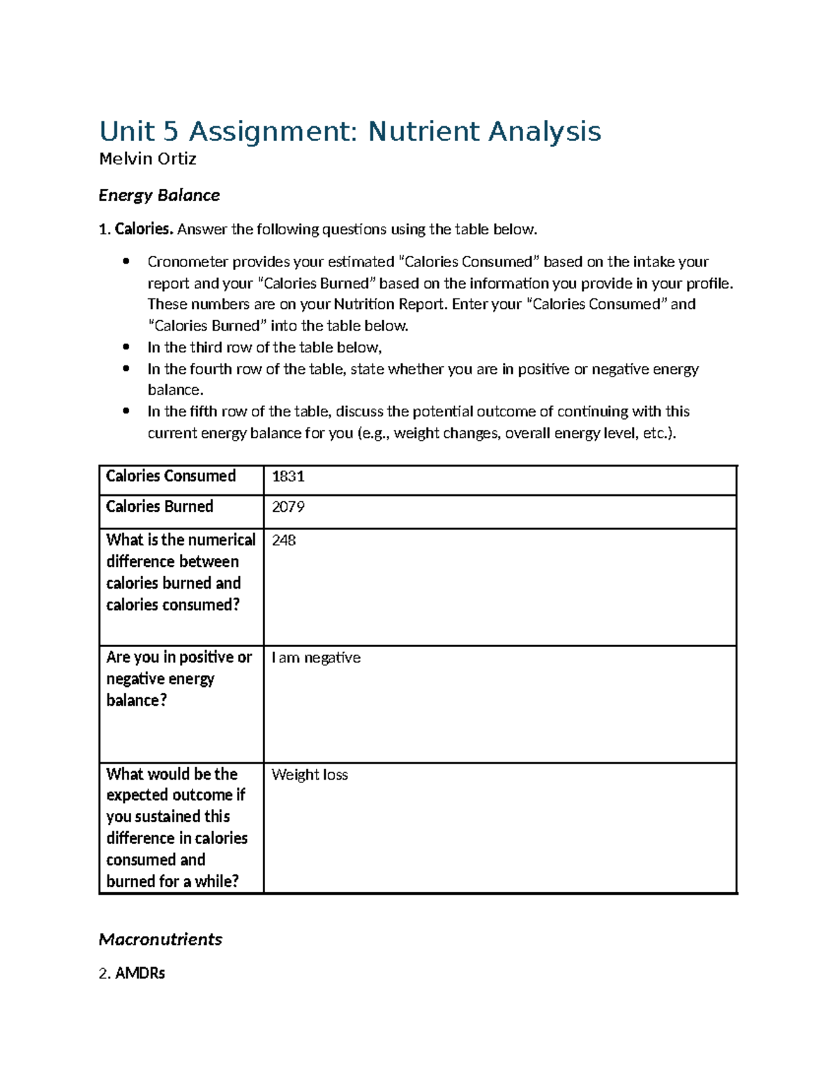 NUTR100 Unit 5 Assignment: Nutrient Analysis & Energy Balance - Studocu