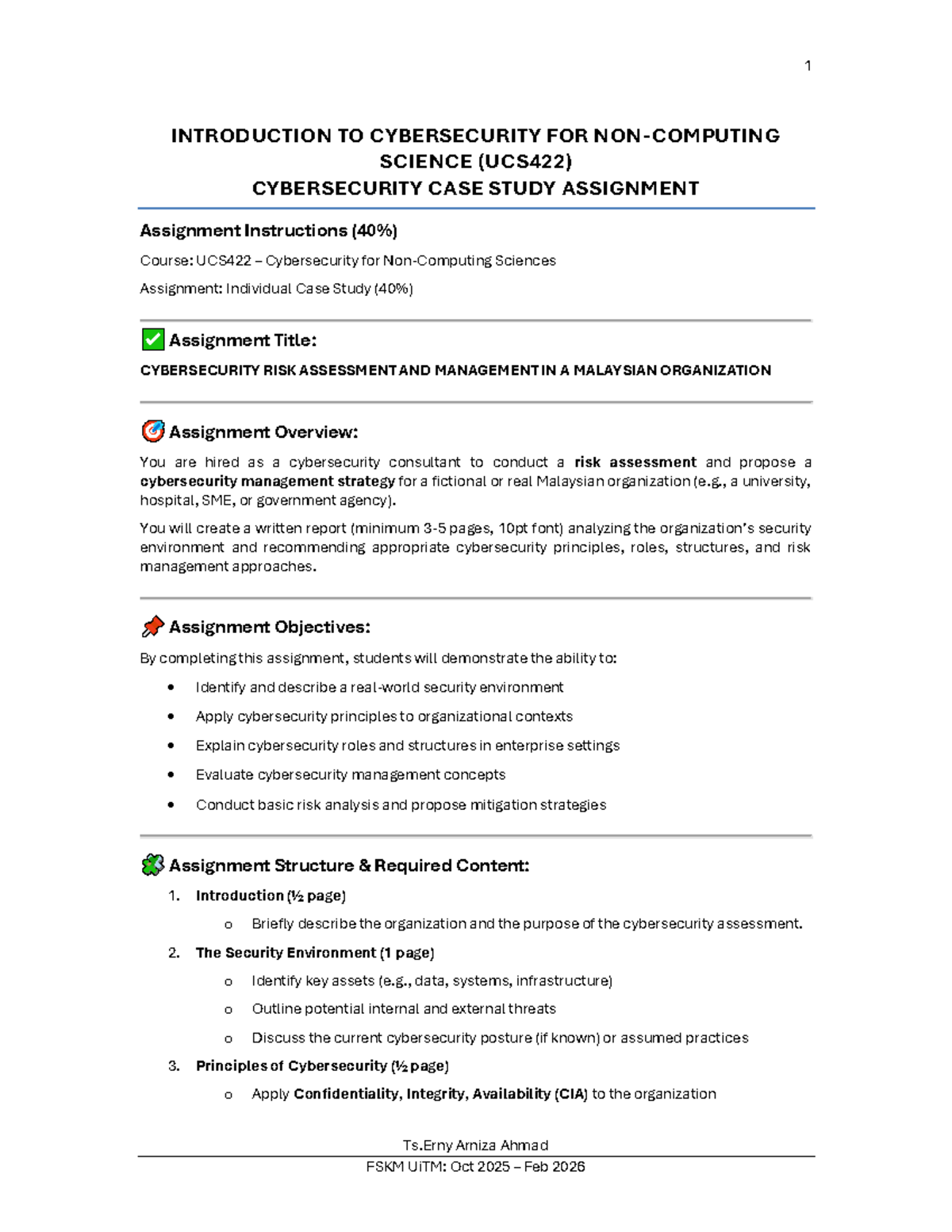 UCS422 Cybersecurity Case Study: Risk Assessment in Malaysia - Studocu