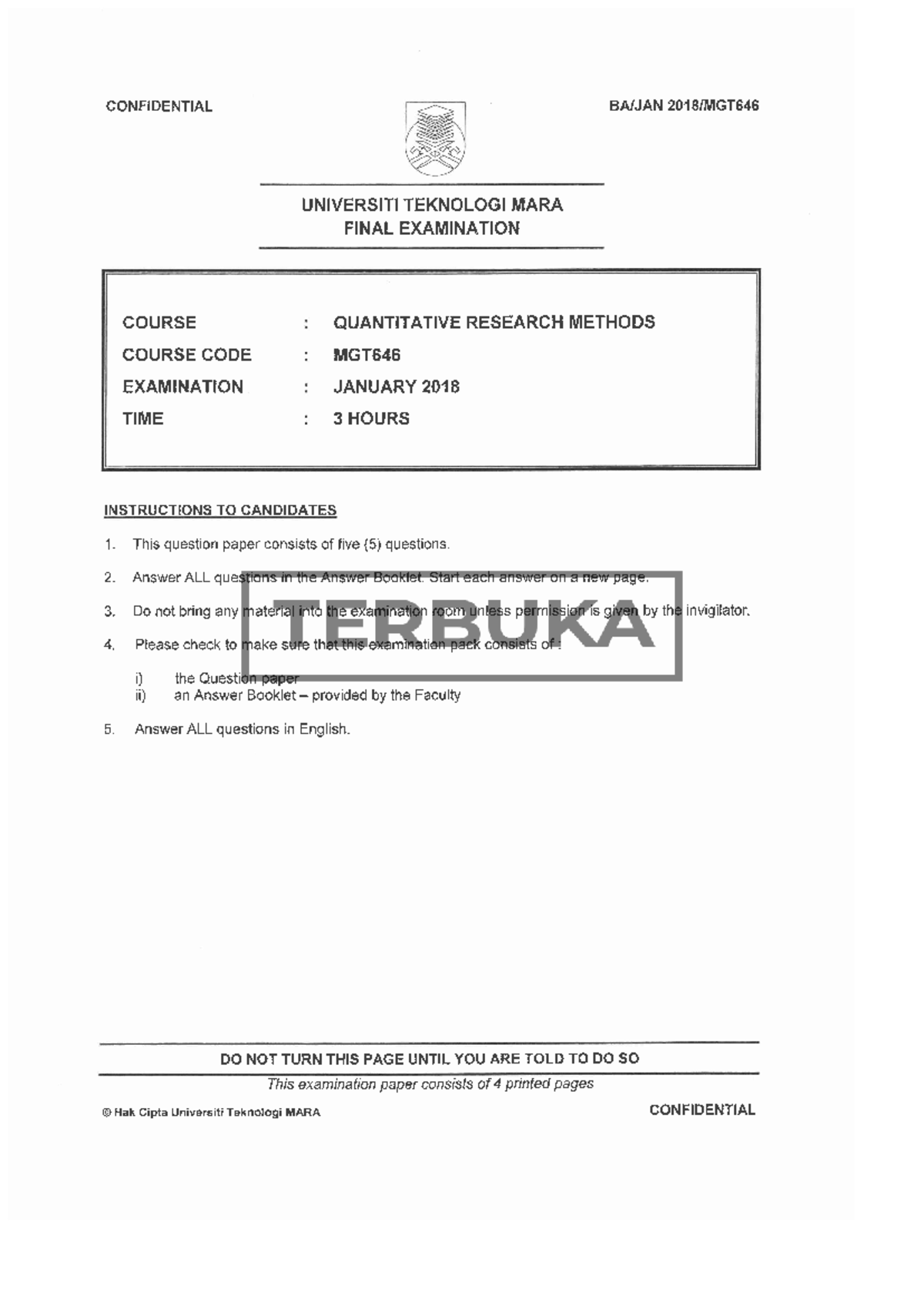 MGT646 - Quantitative Research Methods Final Exam Paper, Jan 2018 - Studocu