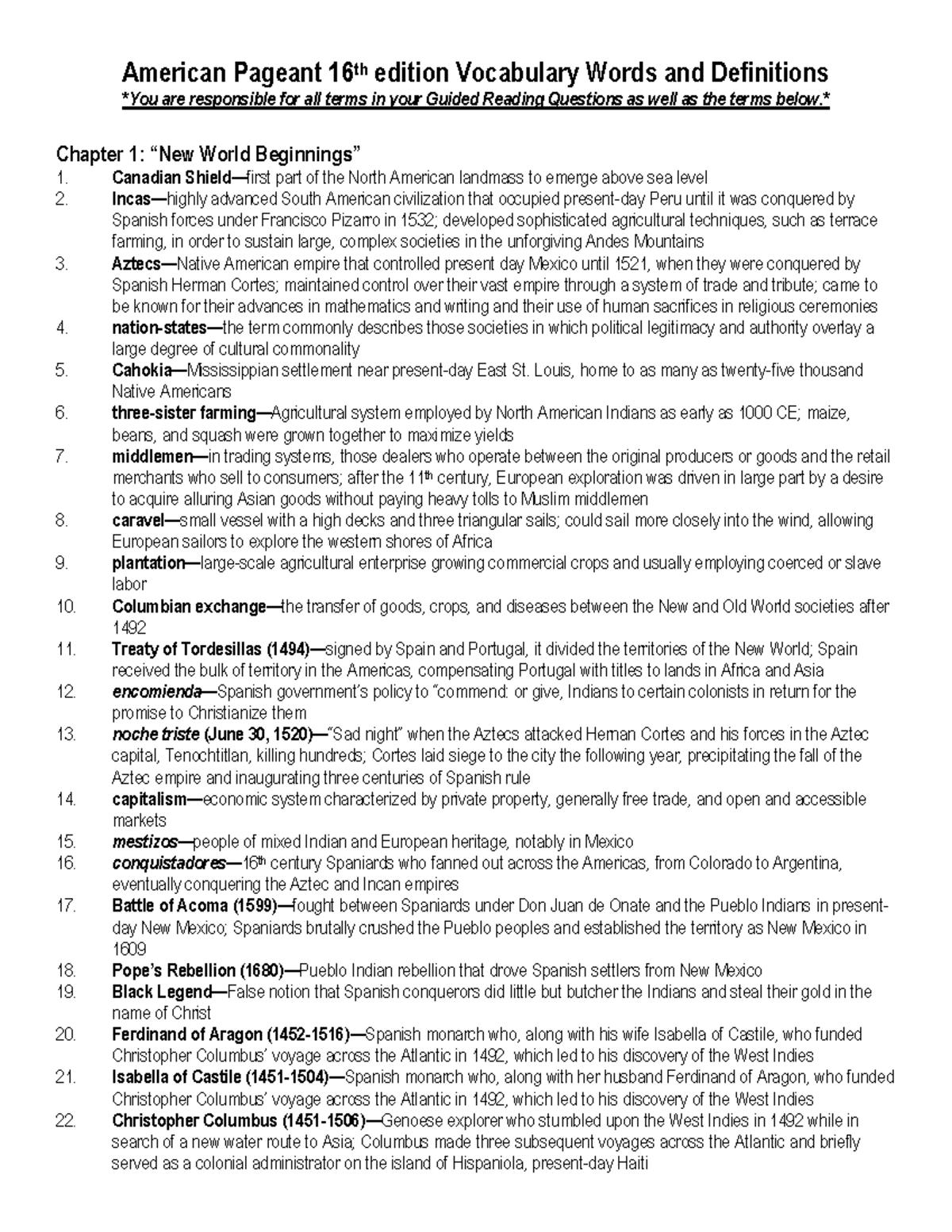 American Pageant 16th Ed. Ch. 1 Vocabulary & Definitions - Studocu