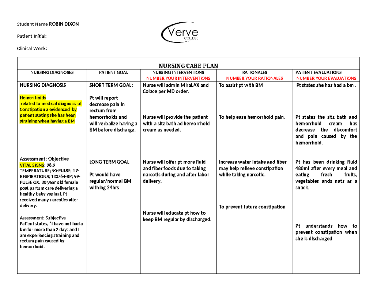 NURS 101: Constipation Care Plan & Nursing Interventions - Studocu
