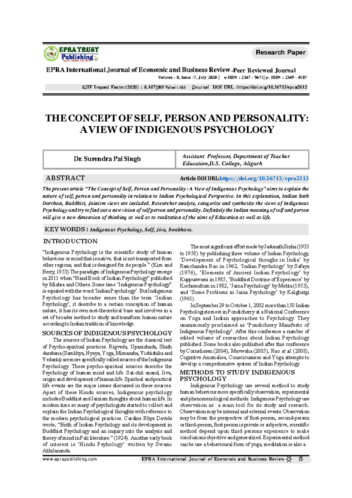 The Concept of Self, Person, and Personality in Indigenous Psychology ...