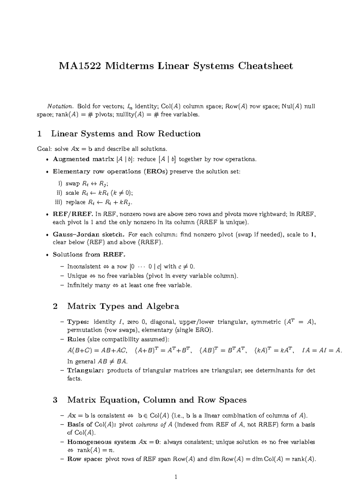 MA1522 Midterm Linear Systems Cheatsheet Overview - Studocu