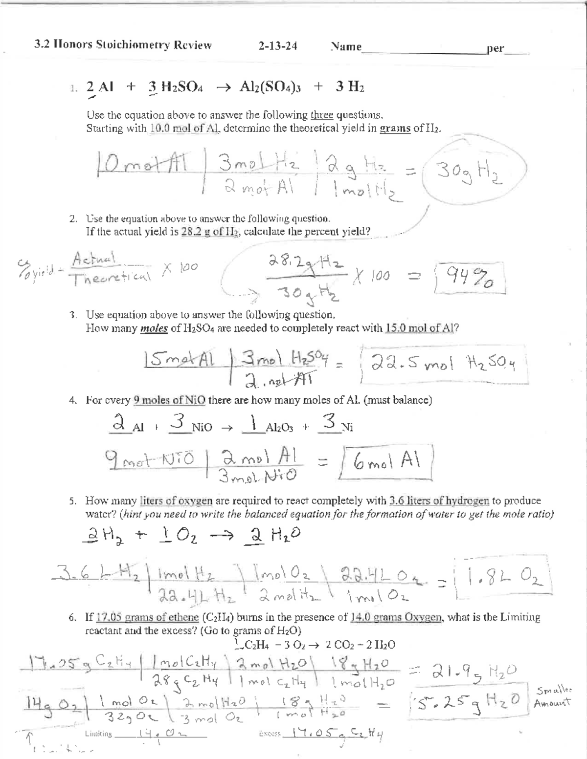 Honors Chemistry Stoichiometry Review Key and Solutions - Studocu